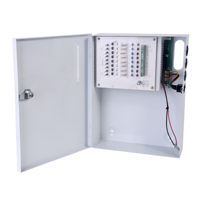 Fuente de alimentación de 12 Vcd, con 8 salidas a 8 Amper, con capacidad de batería de respaldo ...