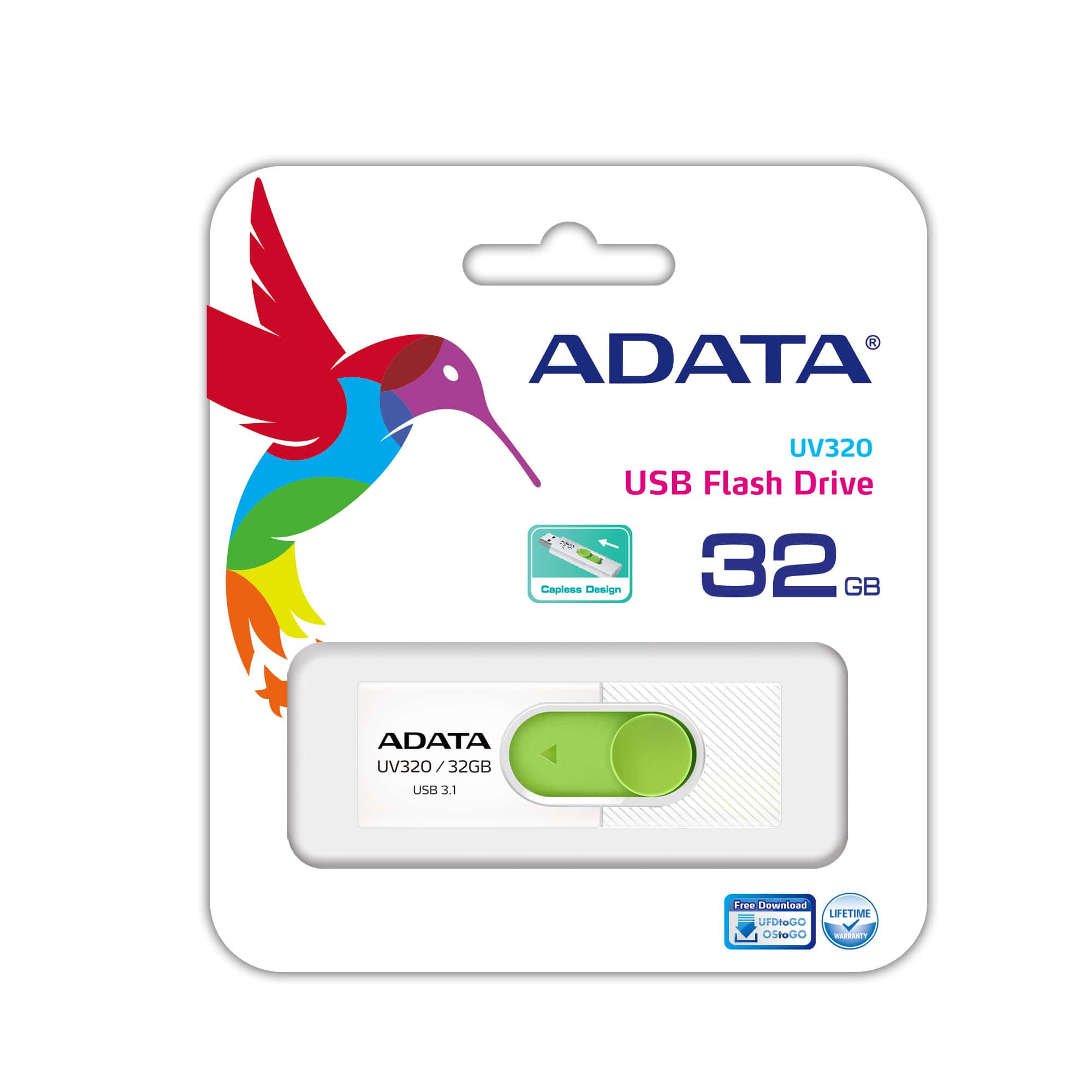 MEMORIA ADATA 32GB USB 3.1 UV320 RETRACTIL BLANCO-VERDE AUV320-32G-RWHGN