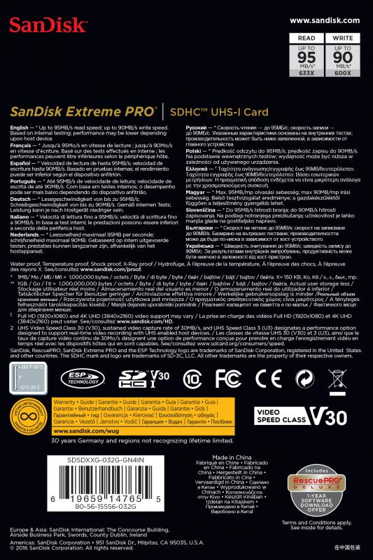 MEMORIA SANDISK 32GB SDHC EXTREM PRO UHS-I 95MB/S 4K V30 CLASE 10 SDSDXXG-032G-GN4IN